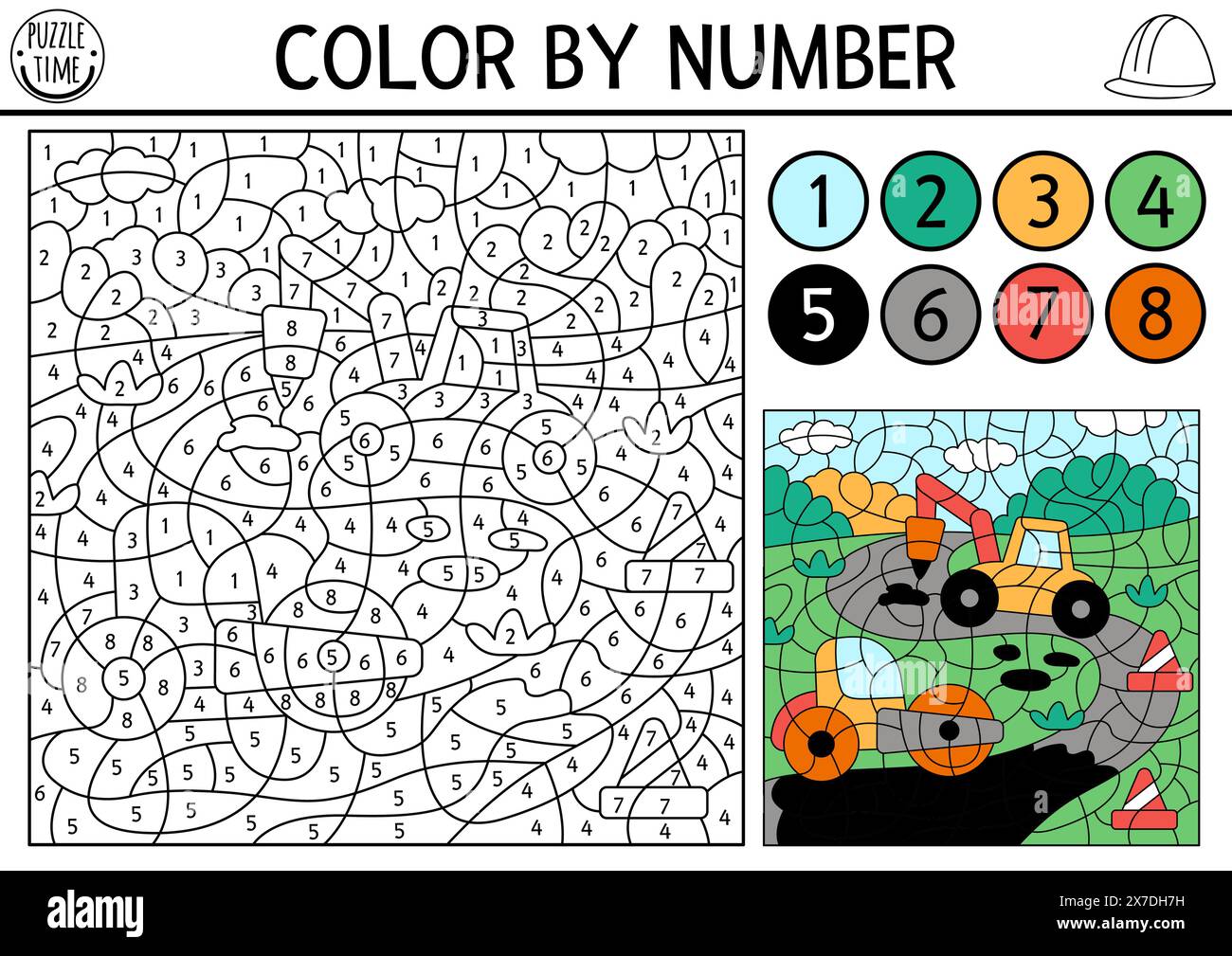 Vector construction site themed color by number activity with trucks ...