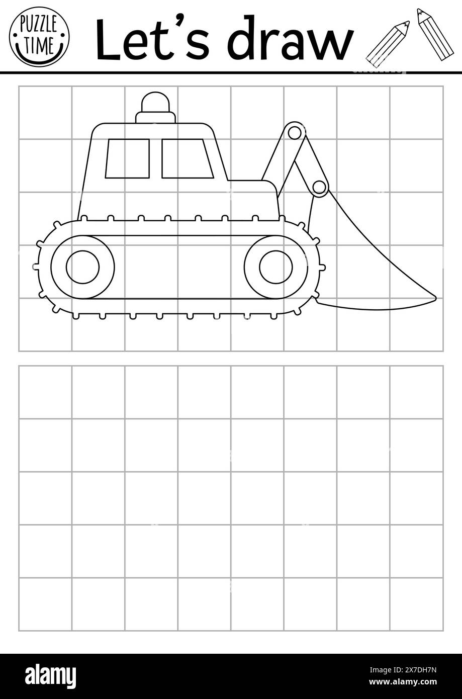 Draw bulldozer. Vector construction site drawing practice worksheet ...
