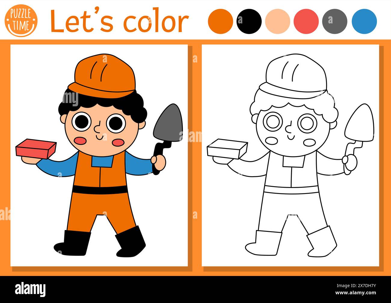 Construction site coloring page for children with builder holding ...