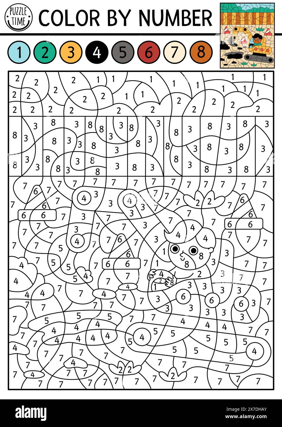 Vector construction site themed color by number activity with excavator ...