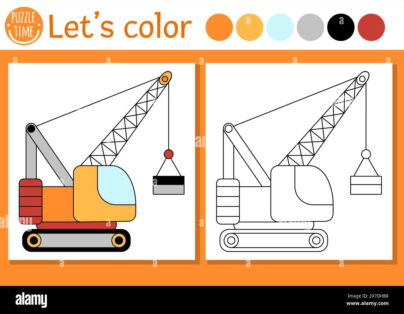 Construction site coloring page for children with crawler crane with ...