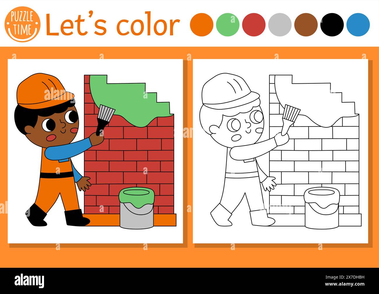 Construction site coloring page for children with worker painting brick ...