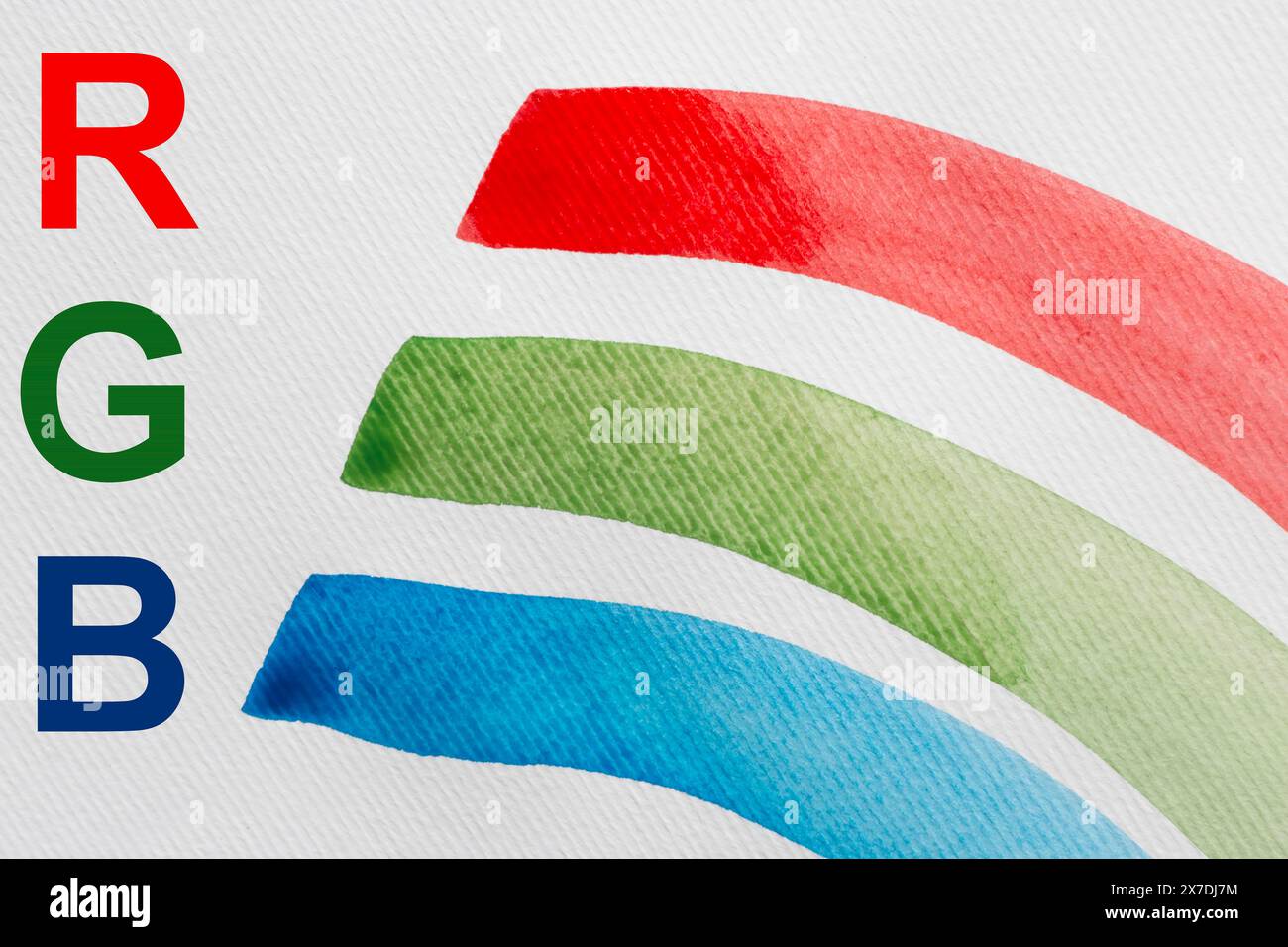 RGB color concept: red, green and blue letters and watercolor strokes ...