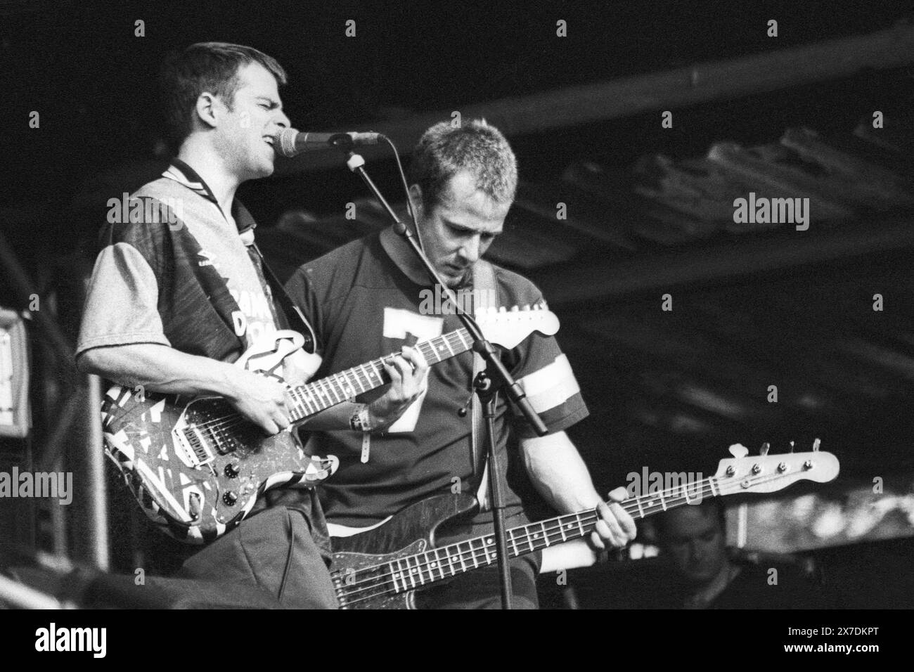 WEEZER, NME STAGE, GLASTONBURY 1995: Rivers Cuomo (taped guitar and ...