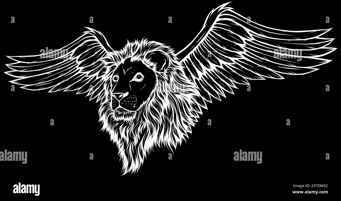 Wild Lion Vector in white line on black background Stock Vector Image ...