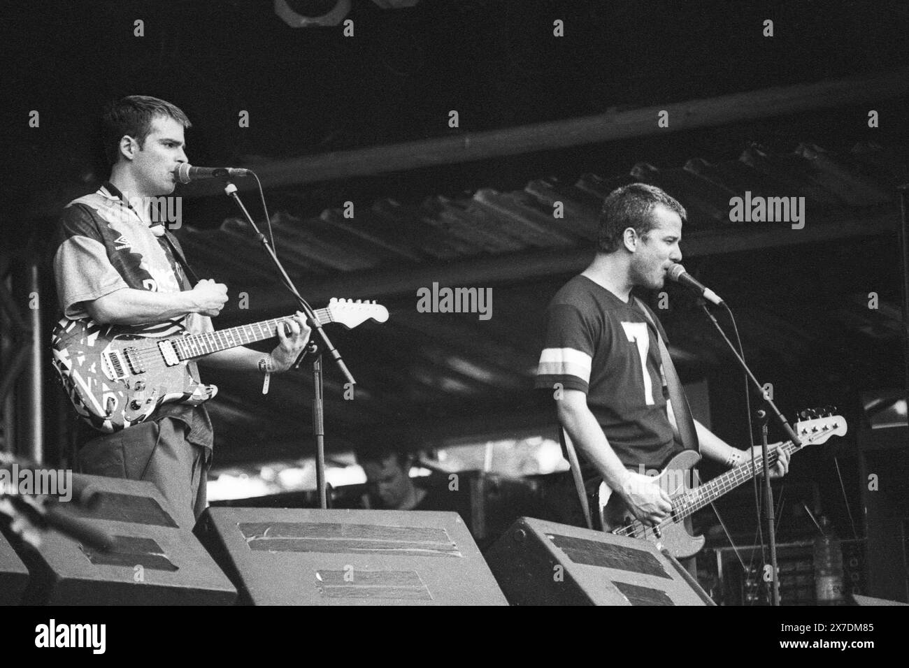 WEEZER, NME STAGE, GLASTONBURY 1995: Rivers Cuomo (taped guitar and ...