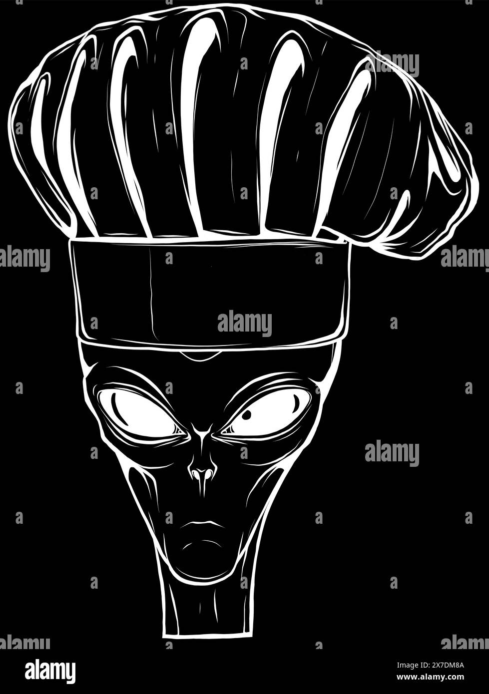 Alien Wearing Chef Hat in white line on black background Stock Vector ...