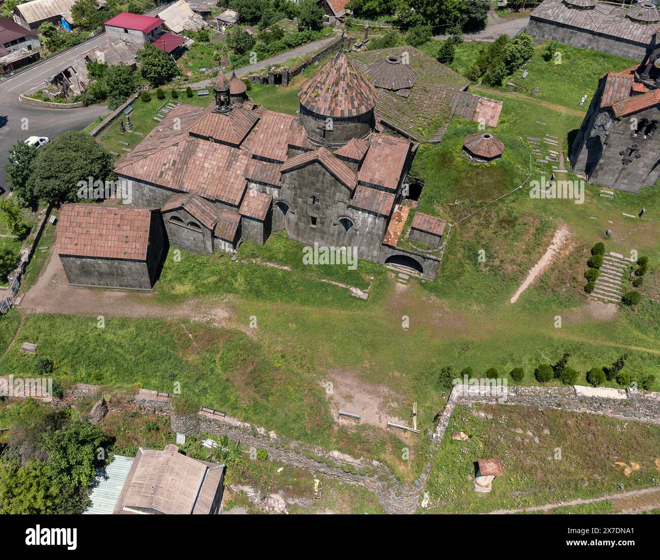 Ancient armenian Akhtala Monastery in the north part of Armenia. Aerial ...