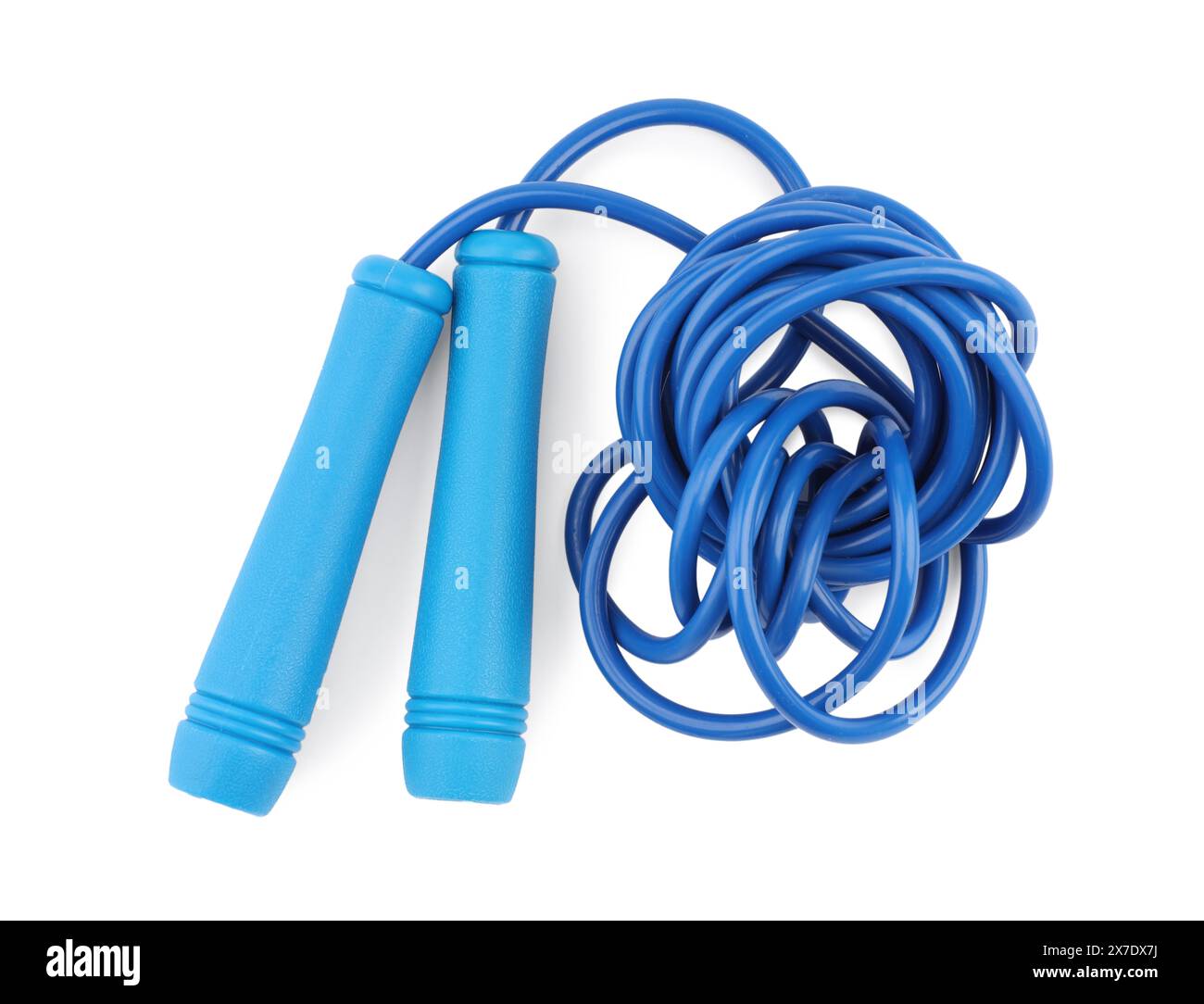 Blue skipping rope isolated on white, top view. Sports equipment Stock ...