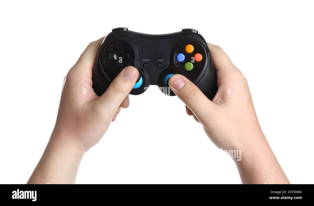 Woman using wireless game controller on white background, closeup Stock ...