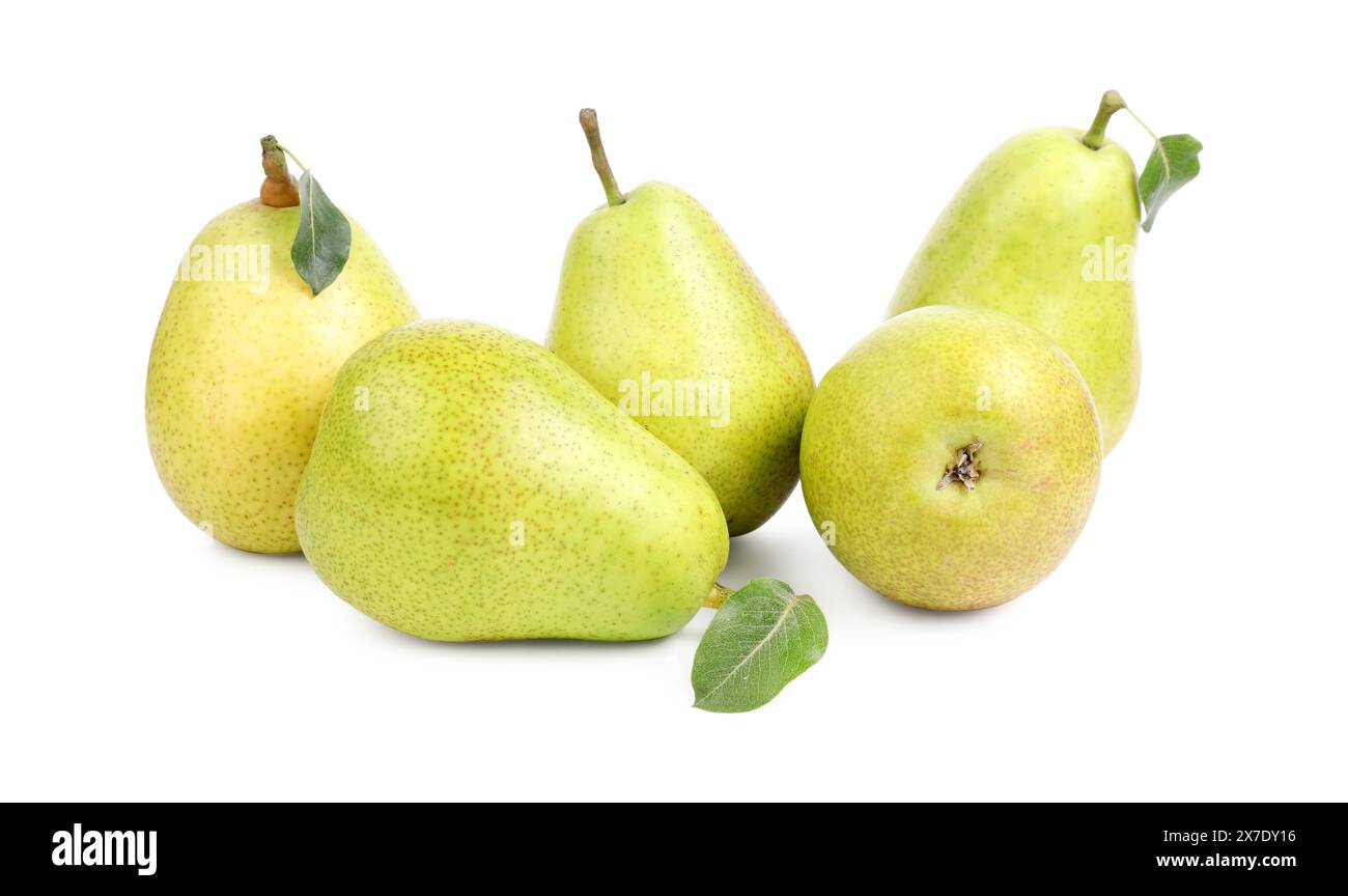 Many ripe pears with leaves on white background Stock Photo - Alamy