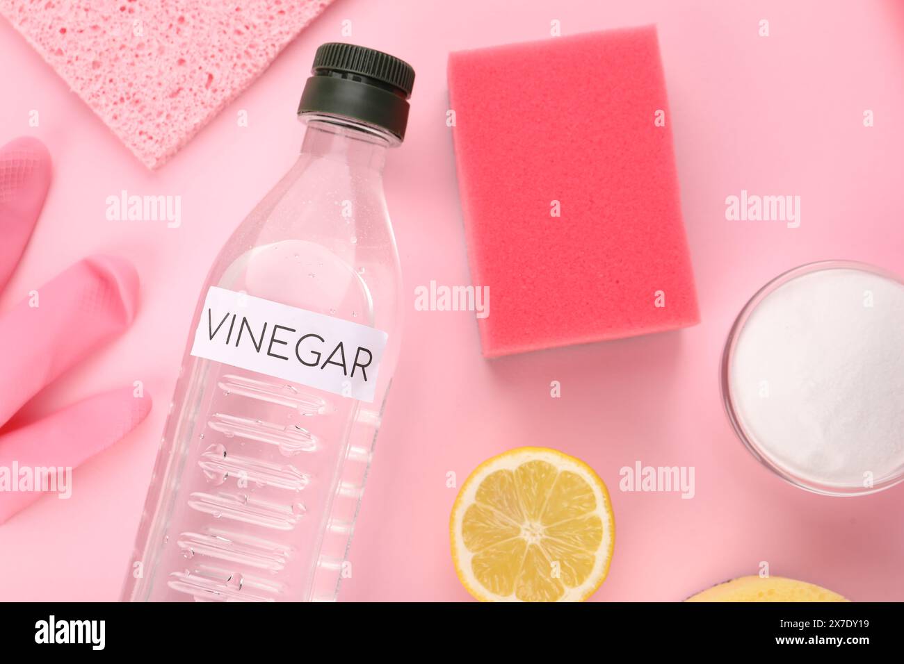 Eco friendly natural cleaners. Flat lay composition with bottle of ...