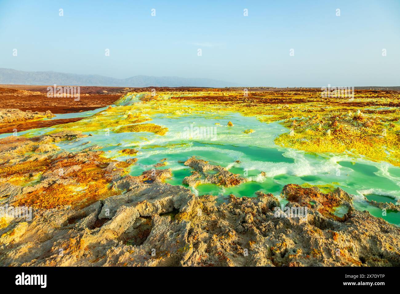 Extraterrestrial landscape with toxic lakes and sulphur minerals ...