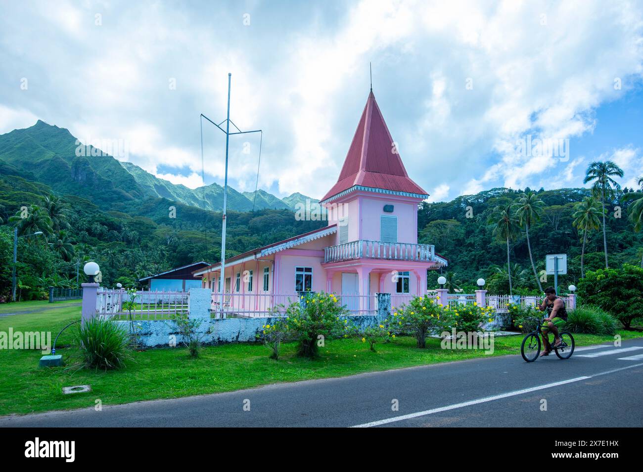 Pretty pink church on Raiatea, Society Islands, French Polynesia Stock ...