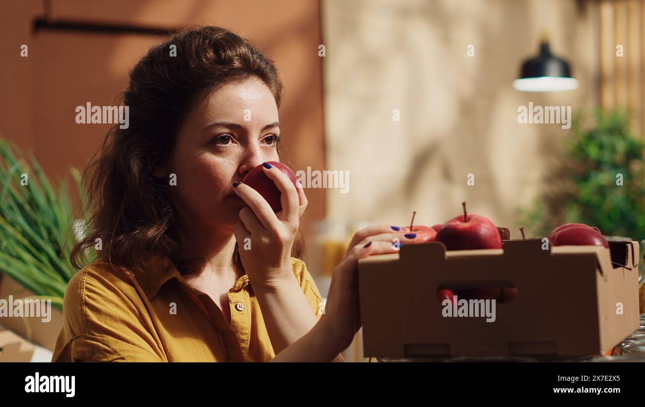 Vegan woman in zero waste eco supermarket feels dopamine rush while ...