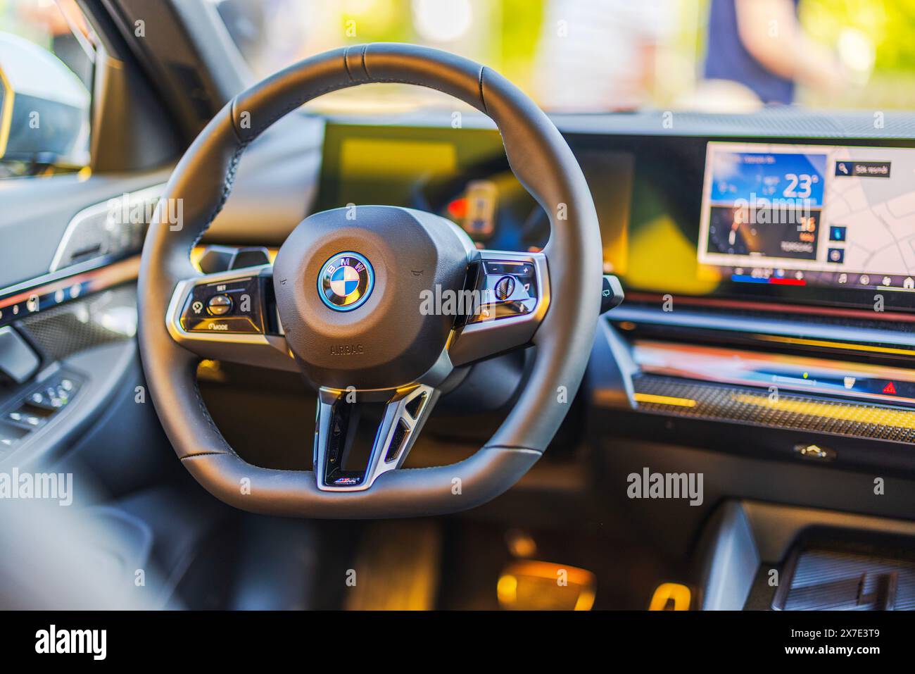 Close-up view of the interior dashboard of the new BMW i5 electric car at the presentation ...
