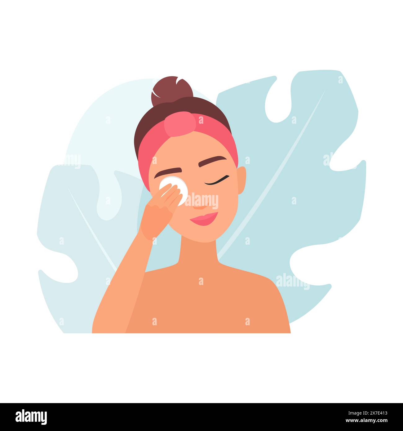 Portrait of girl cleaning face and eyes from makeup with cotton pads ...