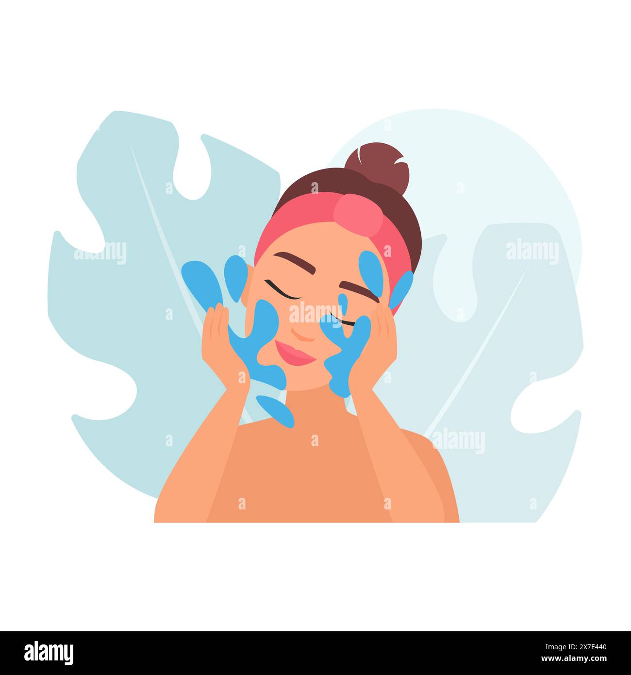 Portrait of pretty girl washing face with clear blue water, splashing ...