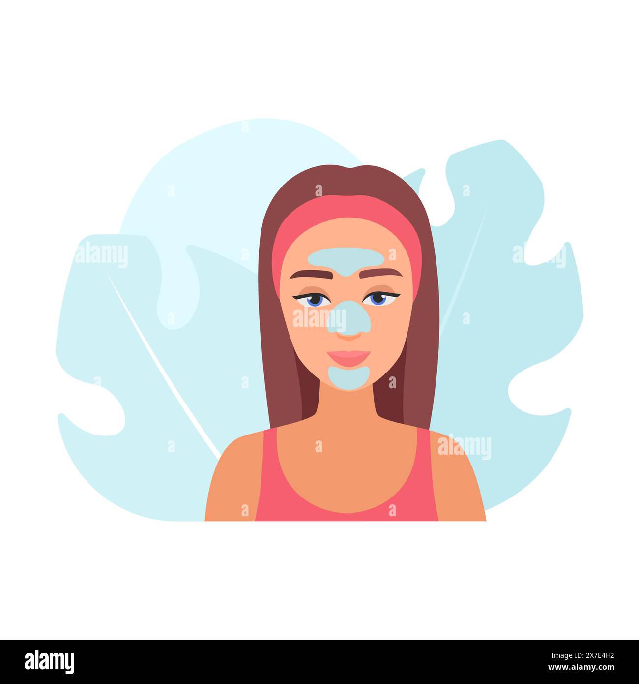 Portrait of girl using cleansing strips for pores on forehead, nose and ...