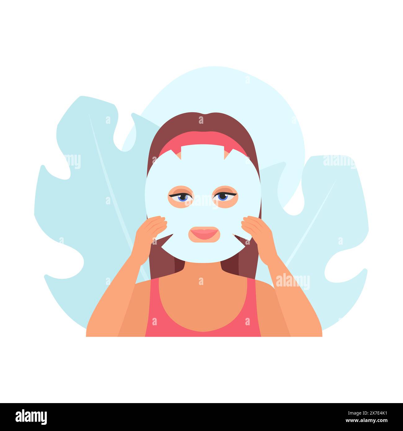 Portrait of girl using tissue face mask to moisturize and nourish skin ...