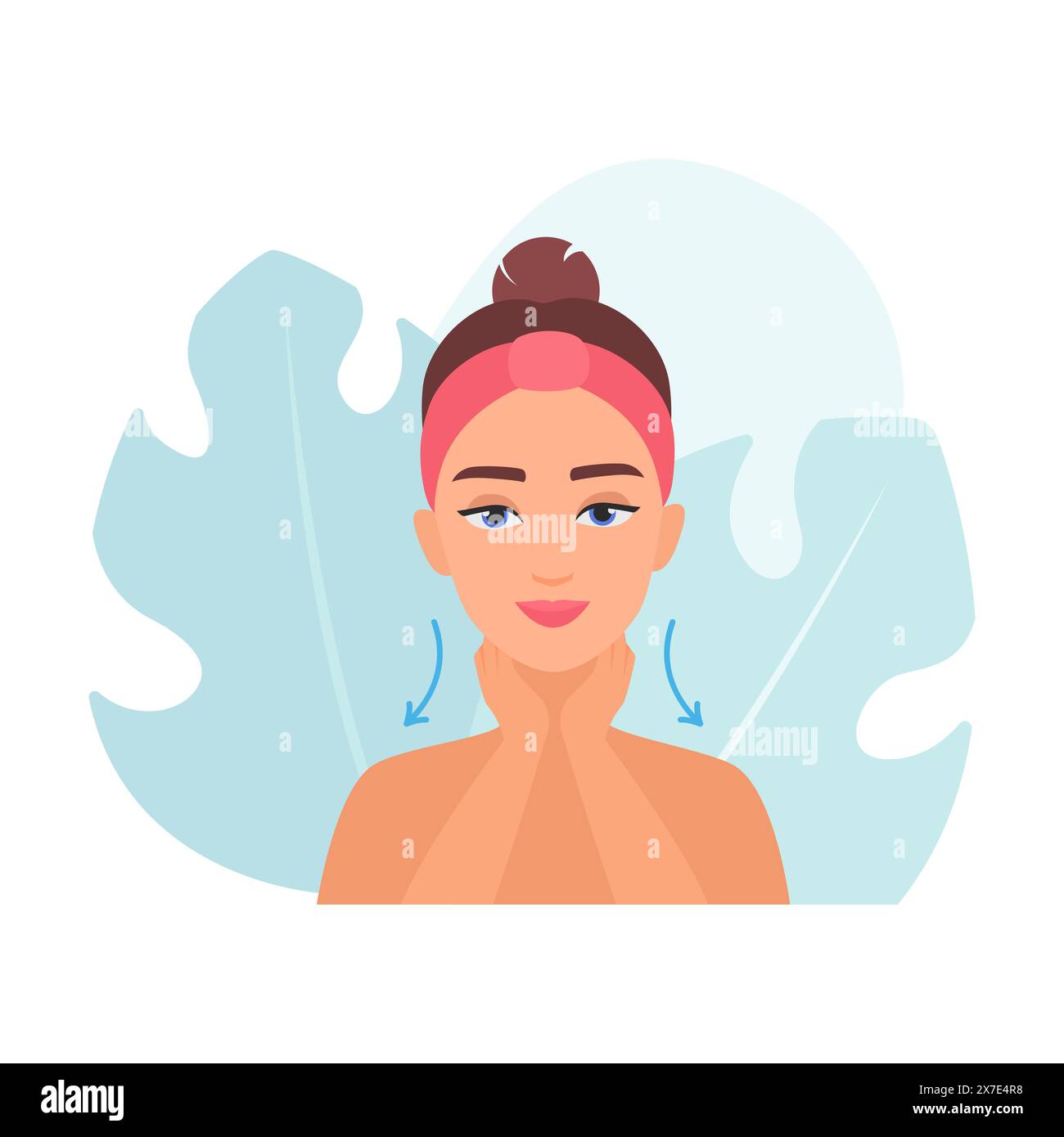 Portrait of girl massaging skin of neck using downward arrows vector ...