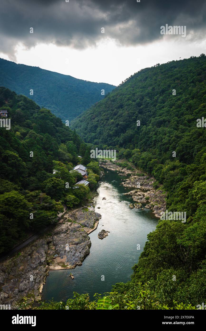 Kyoto, JAPAN - July 27, 2016: Vertical aerial view of tour boats on ...