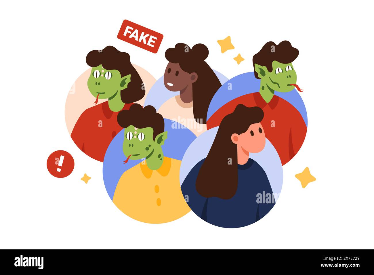 Reptilians among people conspiracy theory, fake disinformation. Round ...