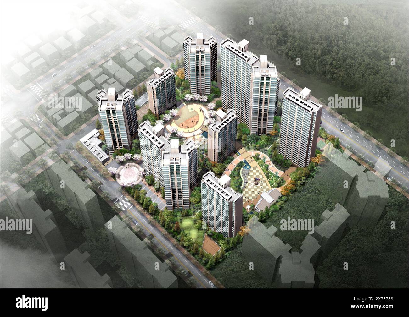 3d aerial view architectural illustration of modern apartment complex ...