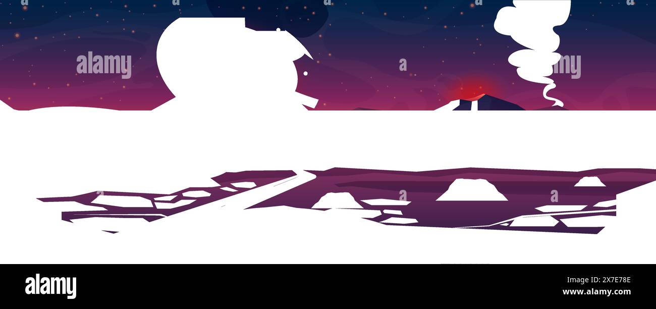 Volcano eruption with flowing magma river, nature disaster, apocalypse ...