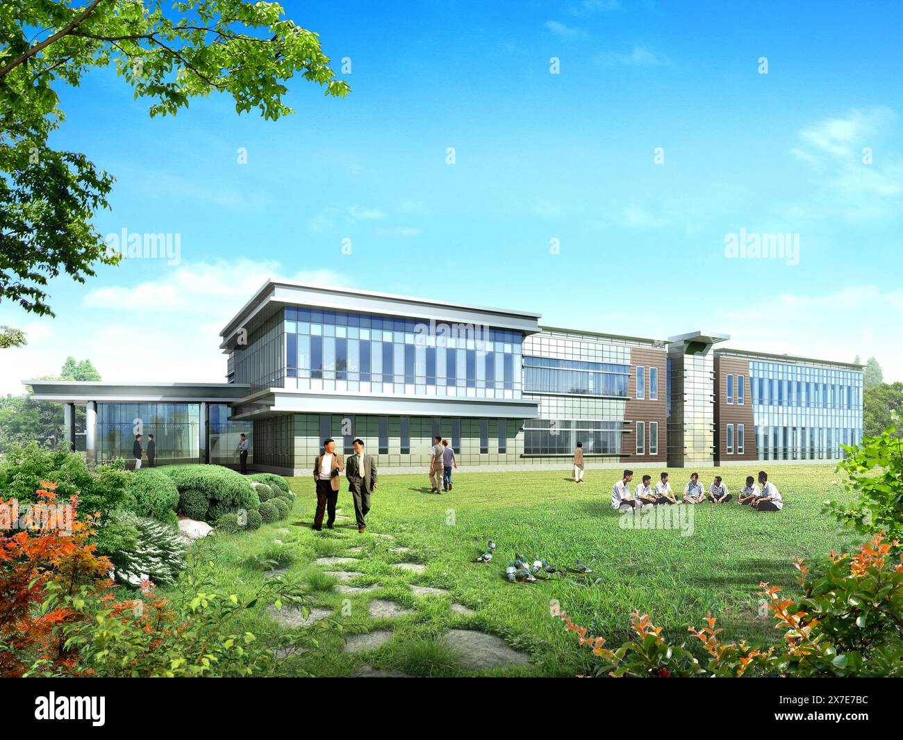 Architectural illustration of a modern factory complex producing ...