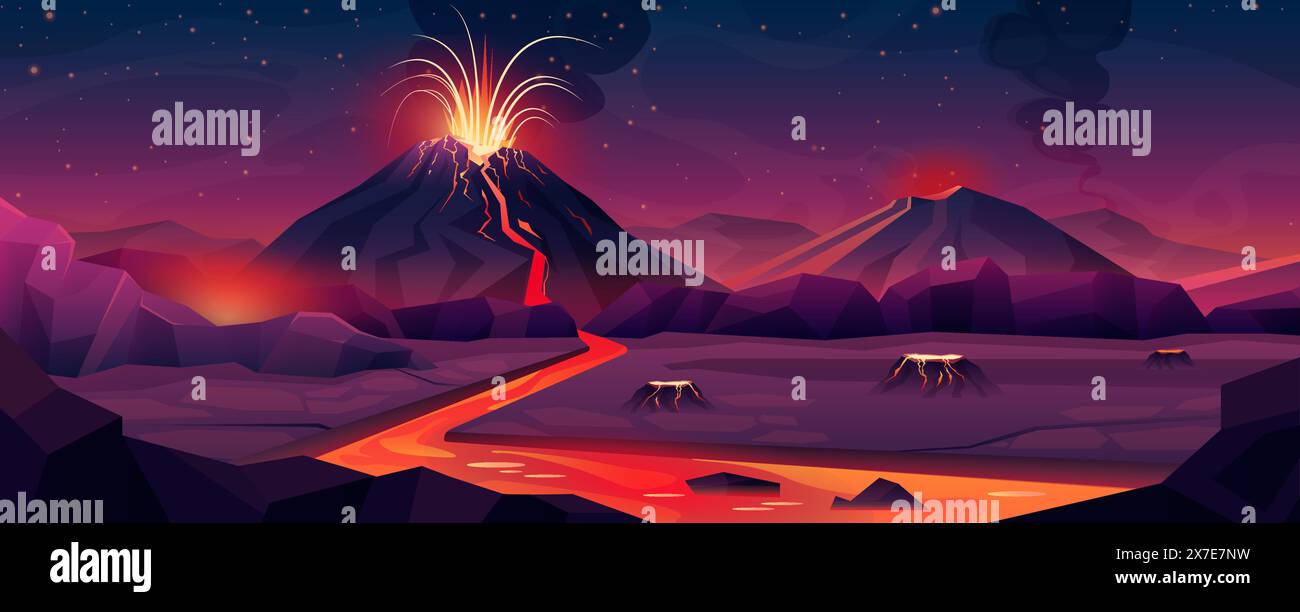 Volcano eruption with flowing magma river, nature disaster, apocalypse ...