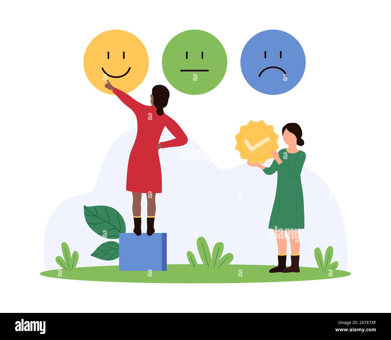 Customer feedback. Tiny people choose between sad, neutral and happy ...