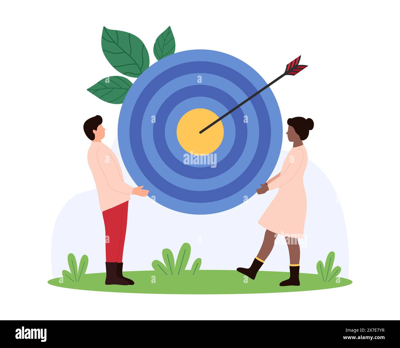 Business achievement, accuracy in reaching goal, success teamwork to achieve target. Tiny people ...