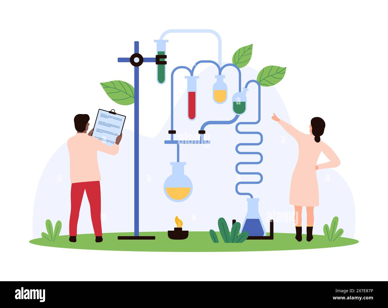 Chemistry and pharmacy research and scientific experiment in laboratory. Tiny people work with ...