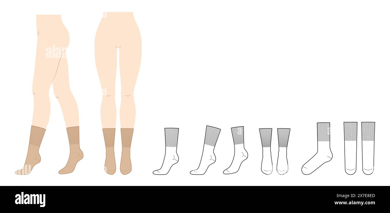 Mid Calf Socks with wide elastic band set on women legs and CAD flat ...