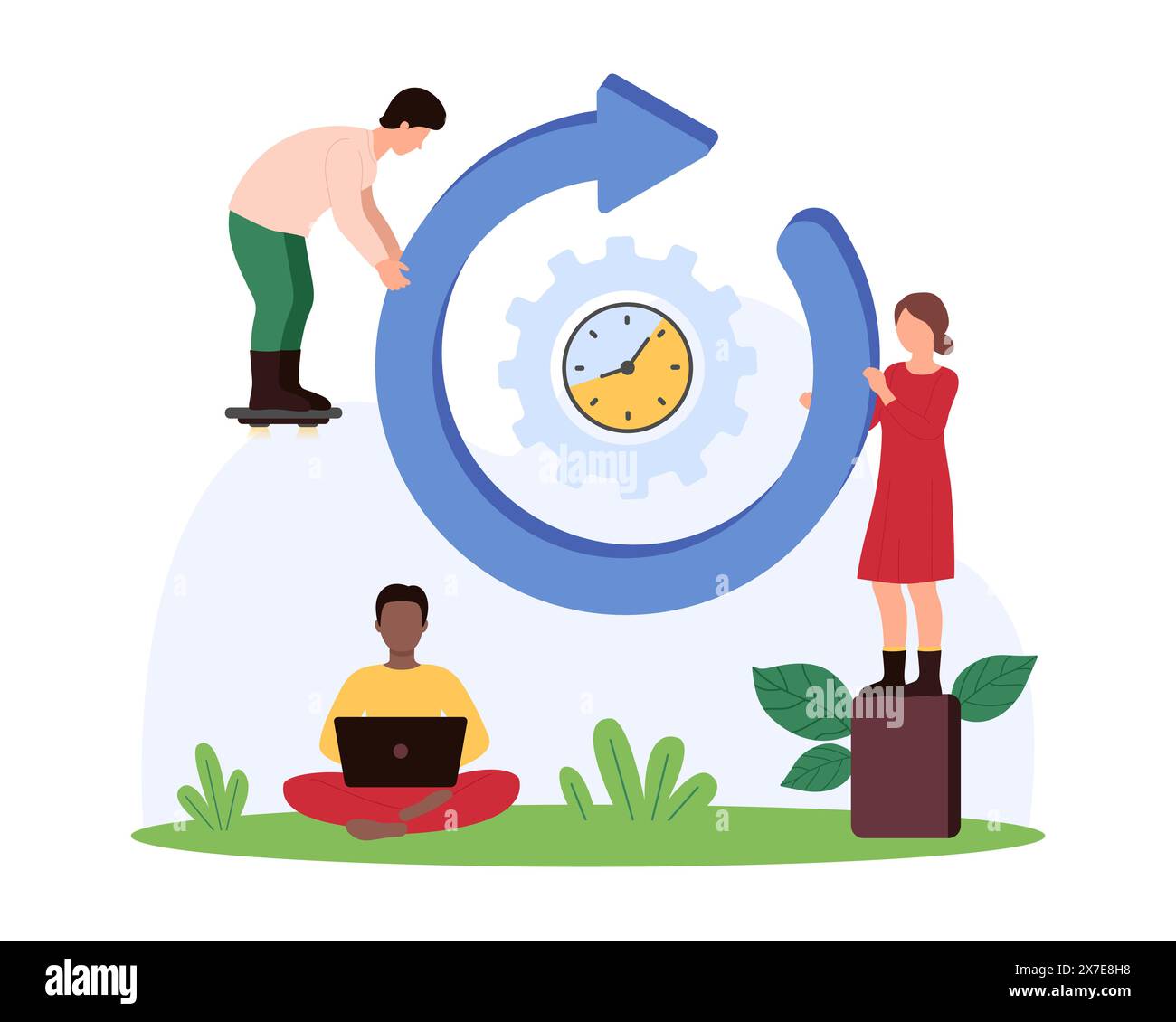 Time interval countdown, loading progress button. Tiny people holding round arrow with speed ...