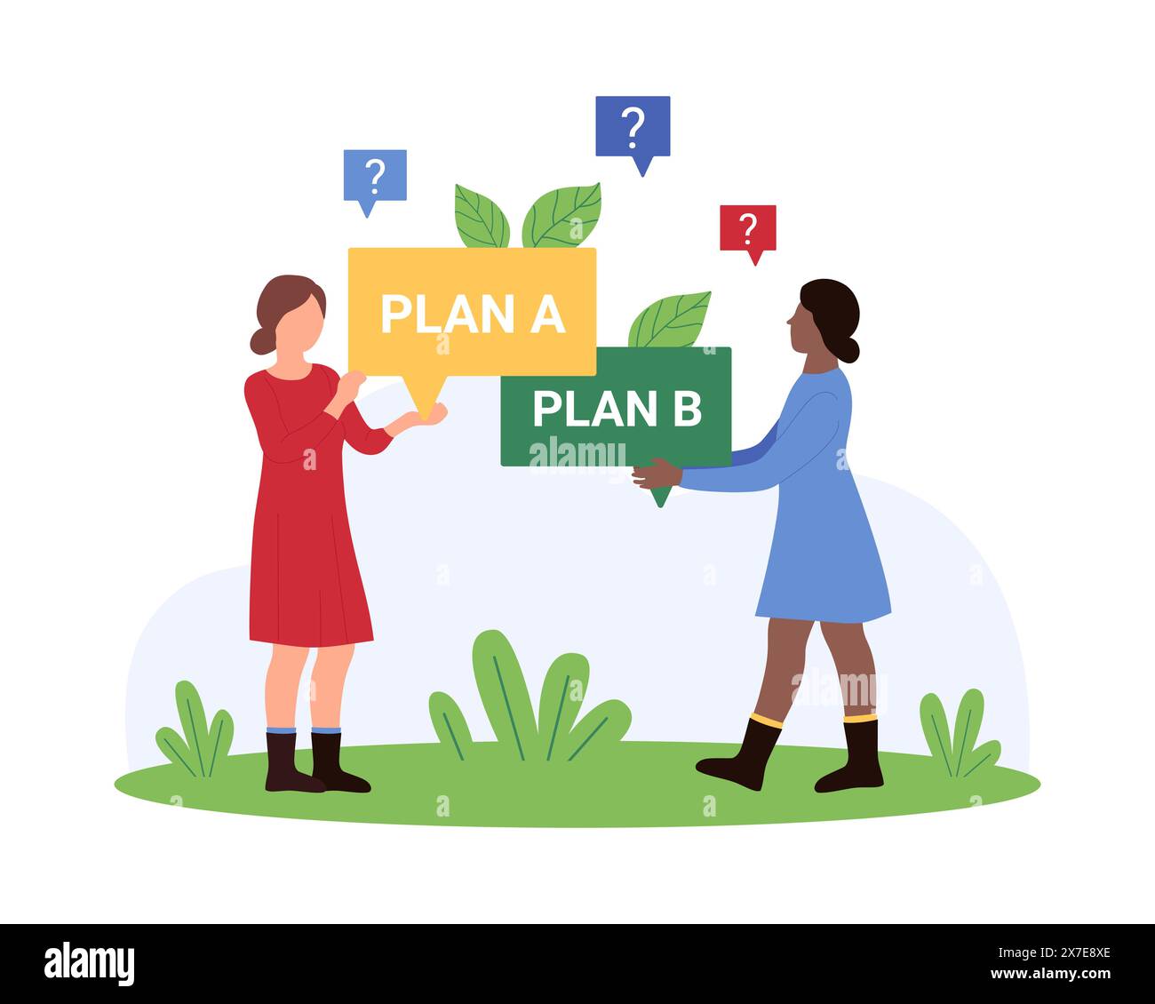 Process of thought and choice between alternative options. Tiny people ...