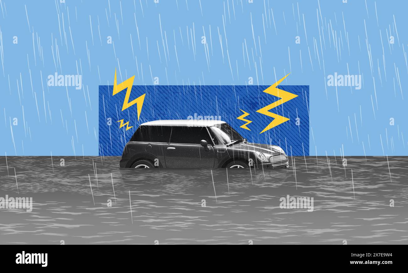 Car trapped in flood collage art Stock Photo - Alamy