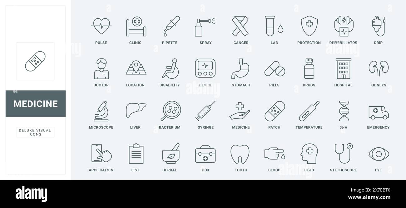 Outline symbols of emergency and pharmaceutical lab research, drugs in ...