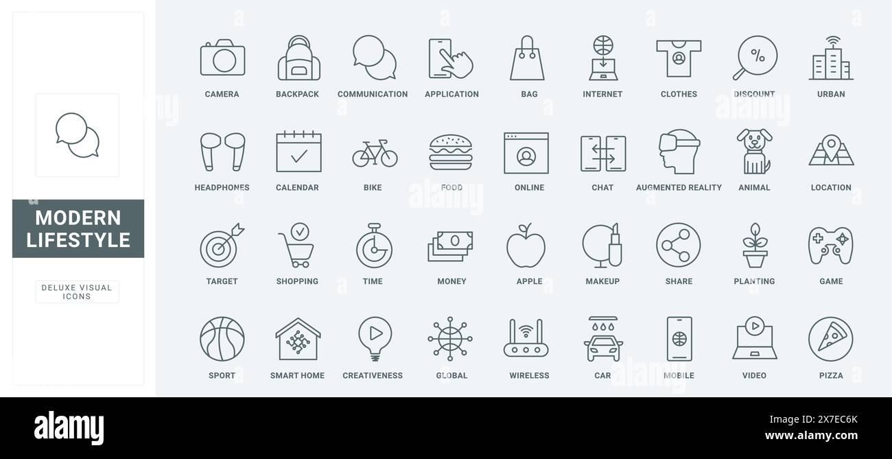 Outline symbols of life at home and office, food diet and sport ...