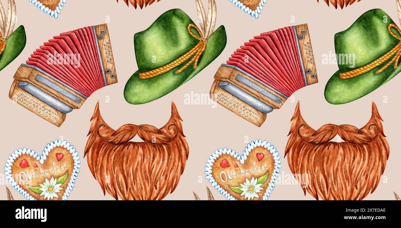 Oktoberfest pattern of watercolor illustrations with hat, beard ...