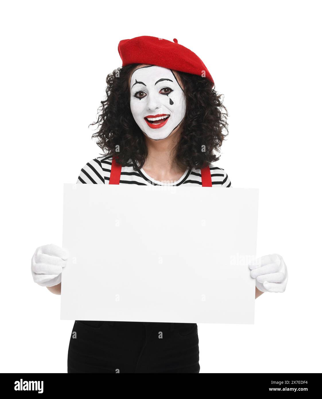 Funny mime with blank sign posing on white background Stock Photo - Alamy