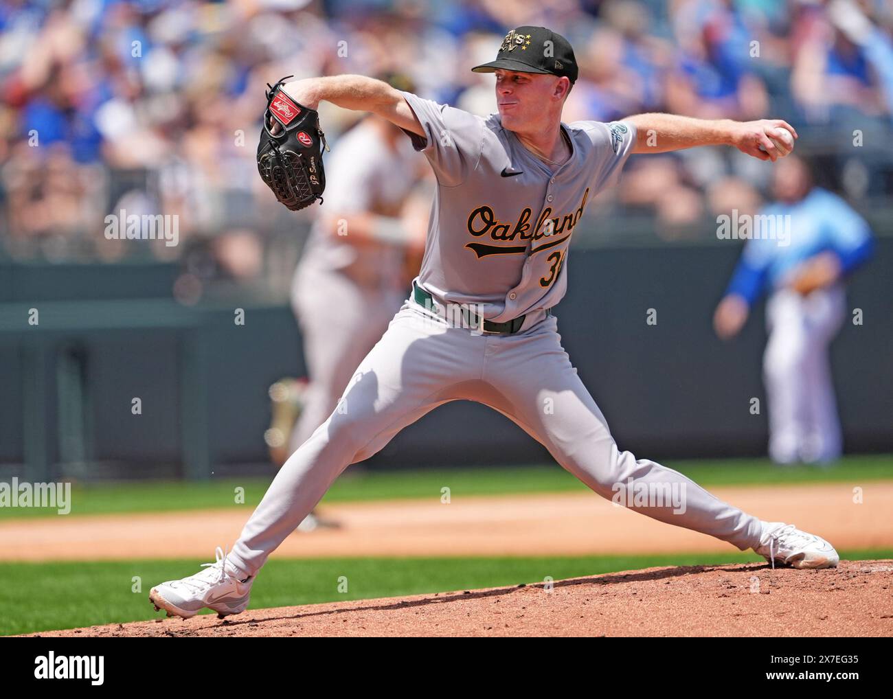 Kansas City, Missouri, USA. MAY 19, 2024: Oakland Athletics pitcher JP ...