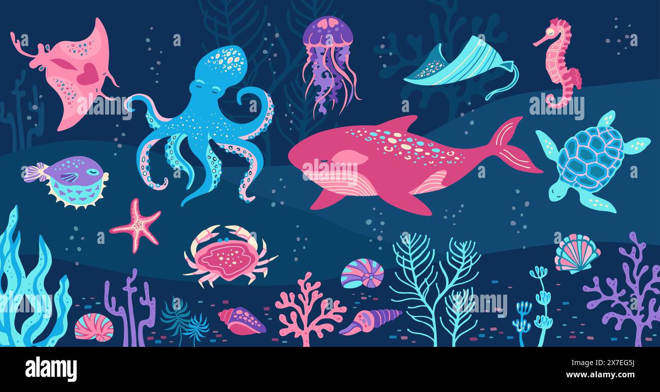 Ocean sea animals hand drawn cartoon illustration art. Marine comic ...