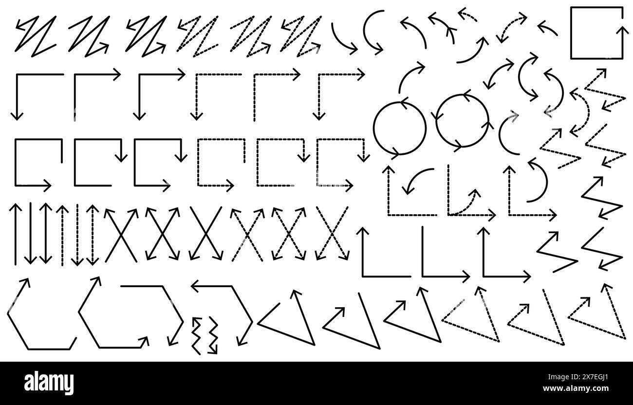 Hand drawn arrow icons collection of scribble doodle arrow elements, shapes, lines, pointing ...