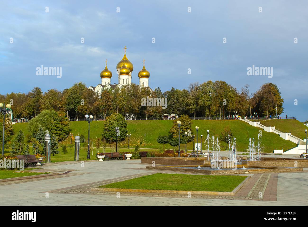 View of Strelka Park, temple complex. Confluence of Volga and Kotorosl ...