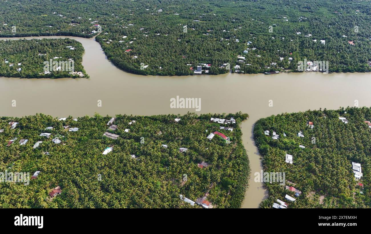 Amazing aerial view of Mekong Delta, vast coconut, palm, nipa tree ...