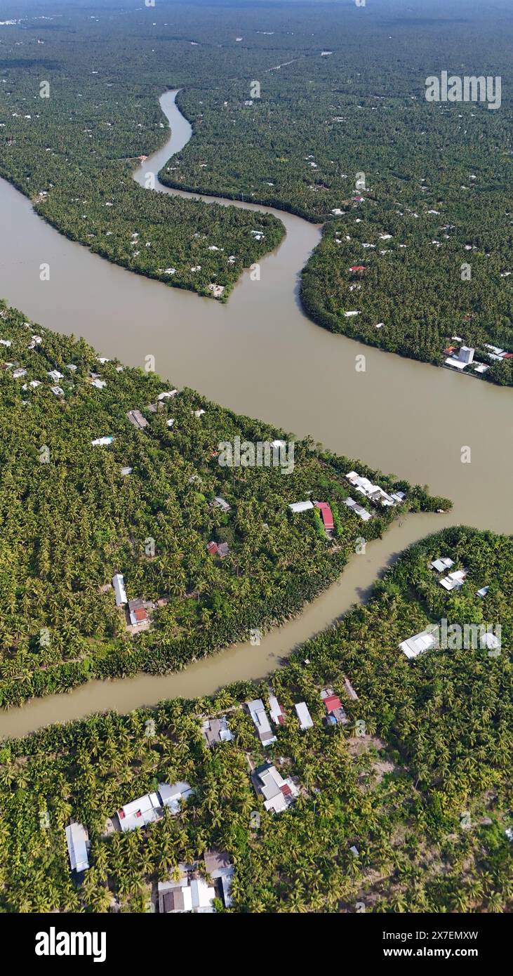 Amazing aerial view of Mekong Delta, vast coconut, palm, nipa tree ...