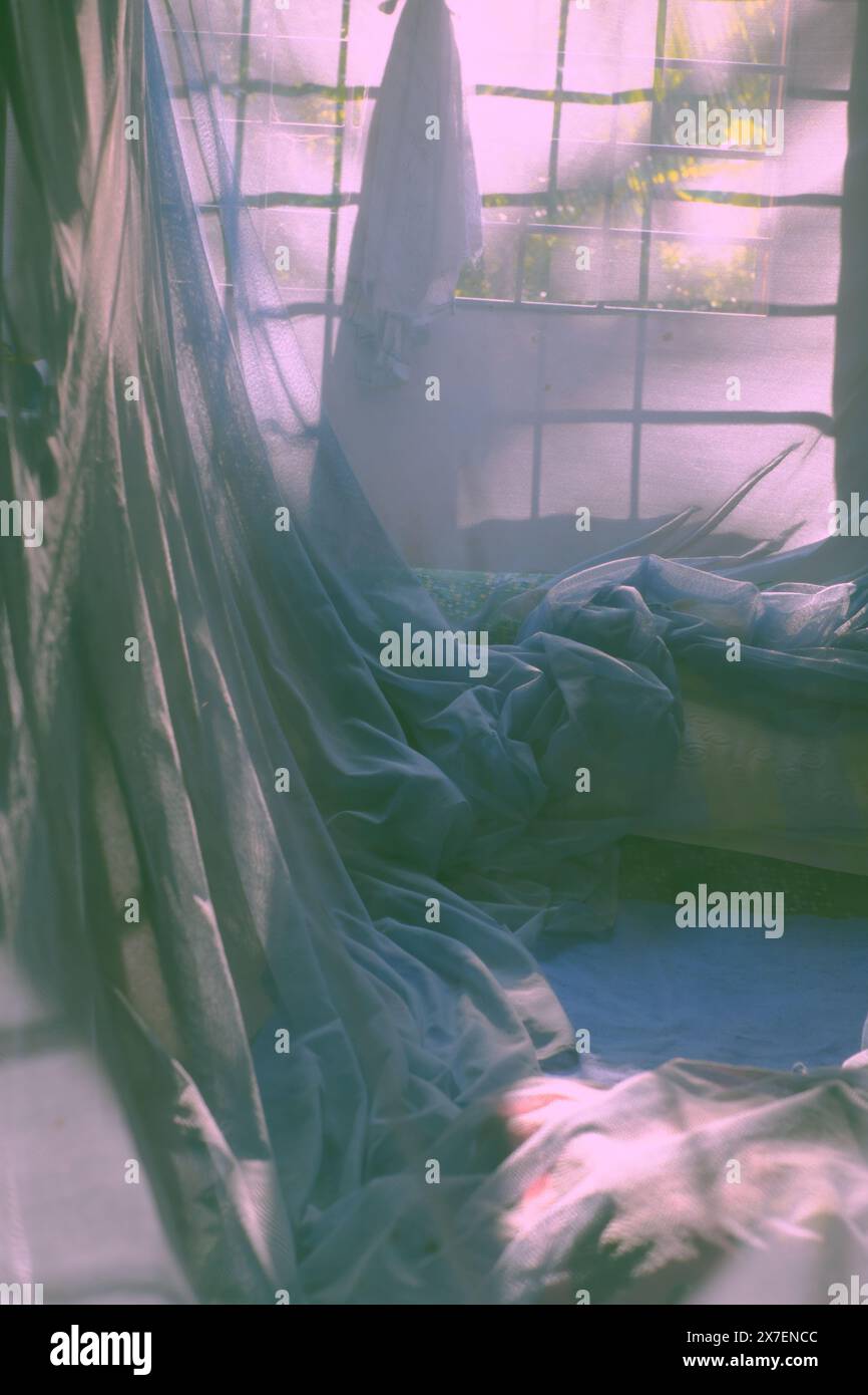 Early morning at Vietnam countryside, bedroom filled with sunlight ...