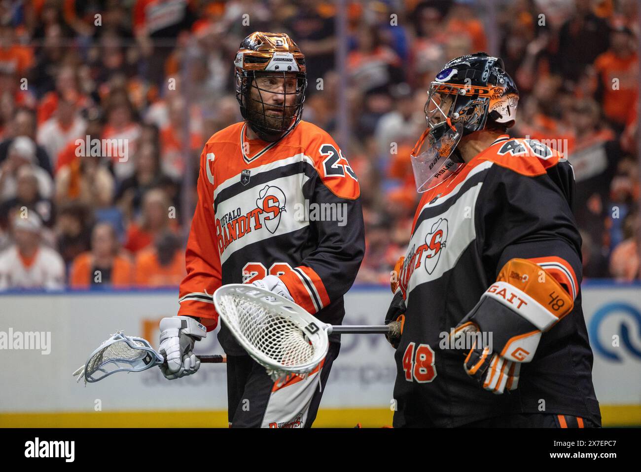 May 18th, 2024: Buffalo Bandits defenseman Steve Priolo (23) looks on in the first quarter in a ...